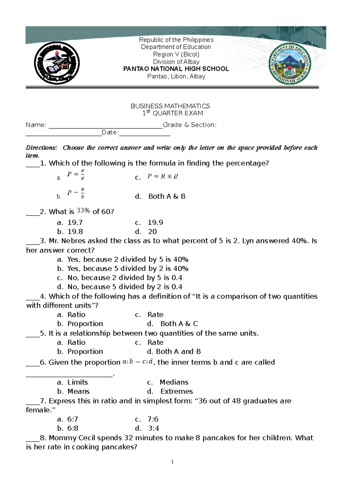 PTest Business Math upload - BUSINESS MATHEMATICS 1 ST QUARTER EXAM ...