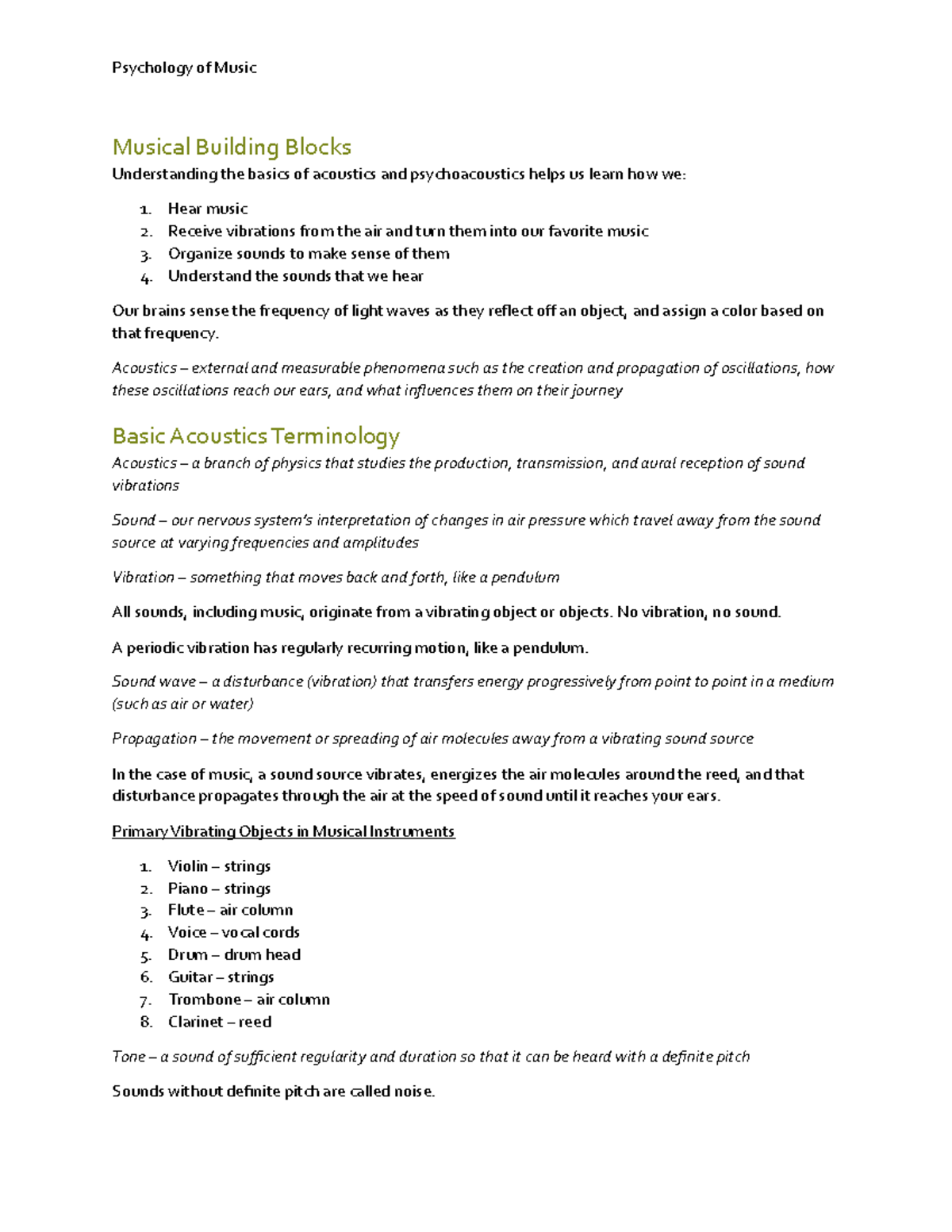 Basic Acoustics Terminology + Quiz Review - Psychology of Music Musical ...