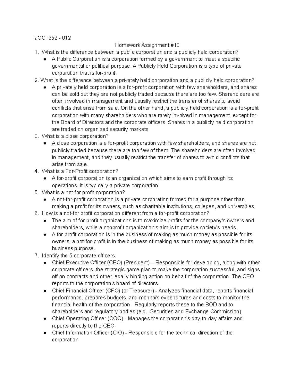 Homework Assignment #13 - aCCT352 - 012 Homework Assignment # What is ...