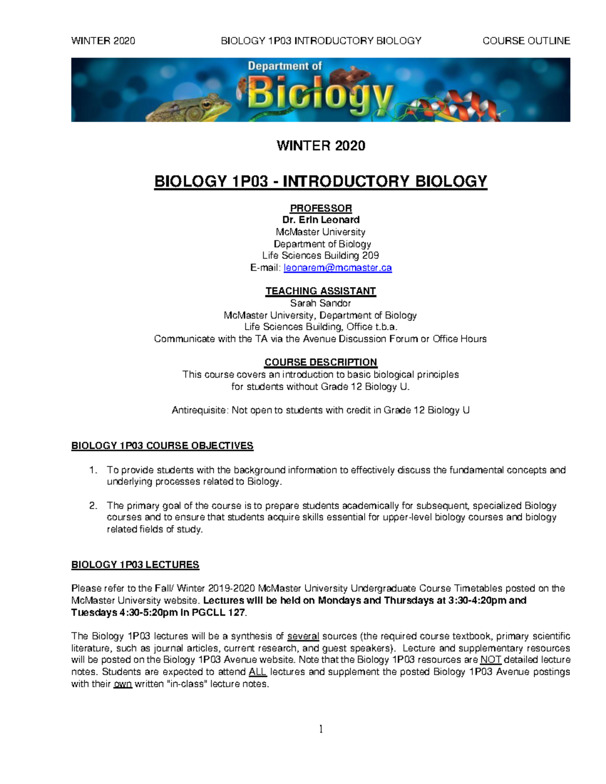 Winter 2020 Biology 1P03 Course Outline - WINTER 2020 BIOLOGY 1P03 ...