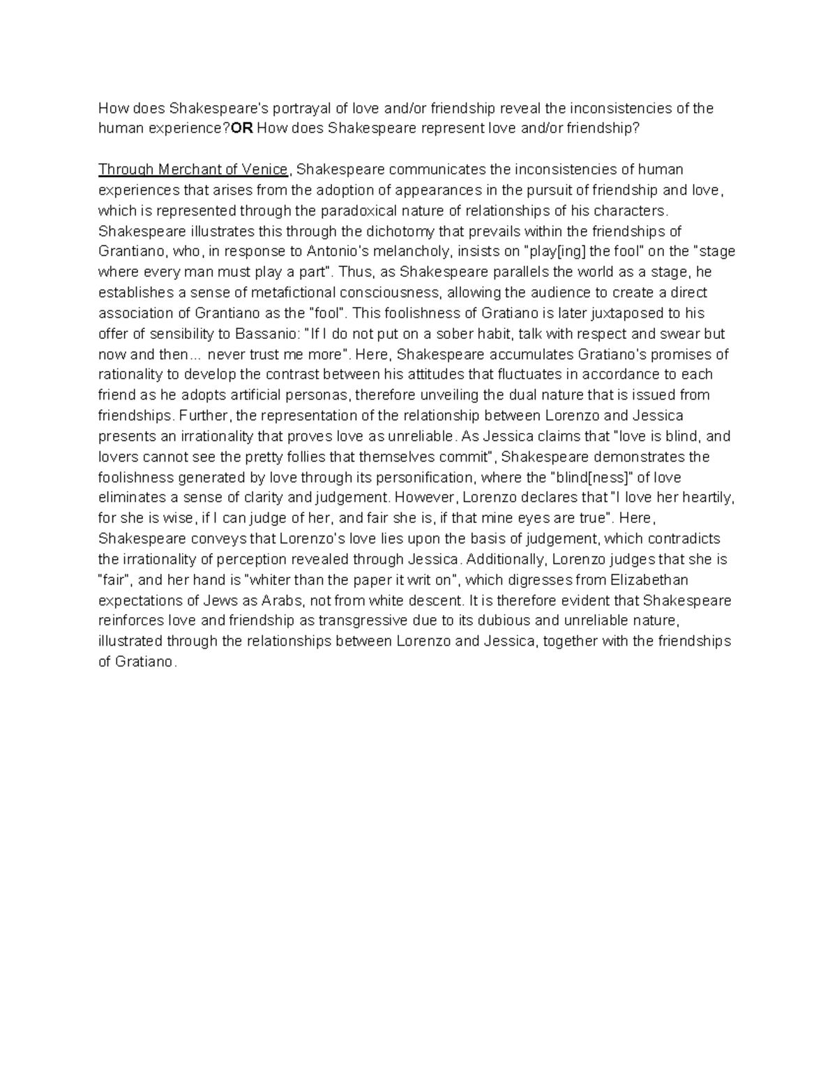 How does Shakespeare’s portrayal of love and or friendship reveal the ...