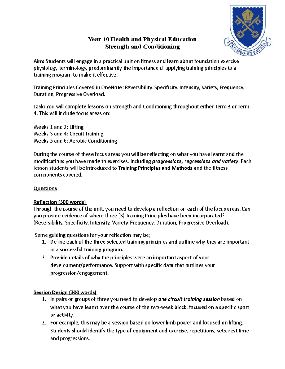 Strength and Conditioning Assessment Year 10 - Year 10 Health and ...