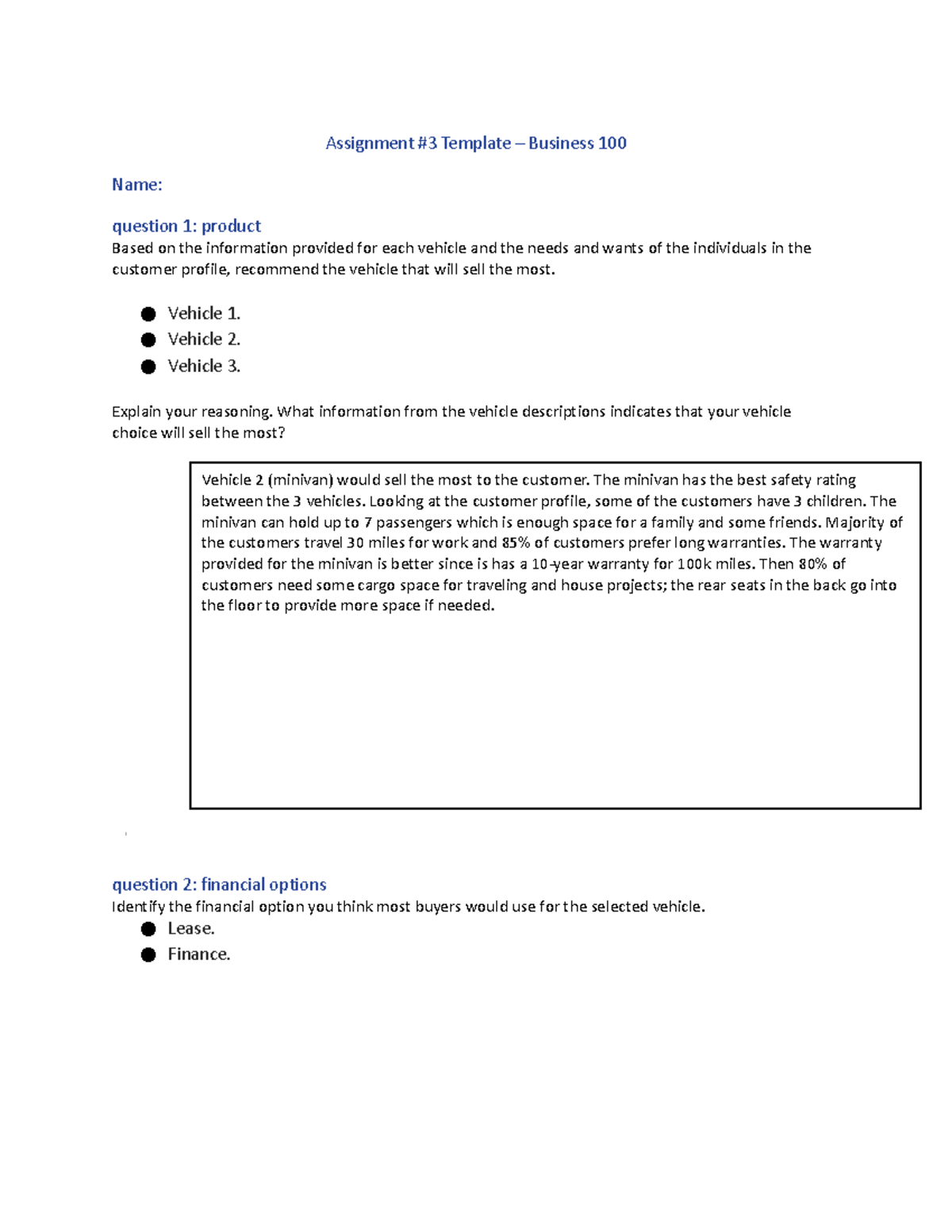 Assignment 3 Document - Assignment #3 Template – Business 100 Name ...