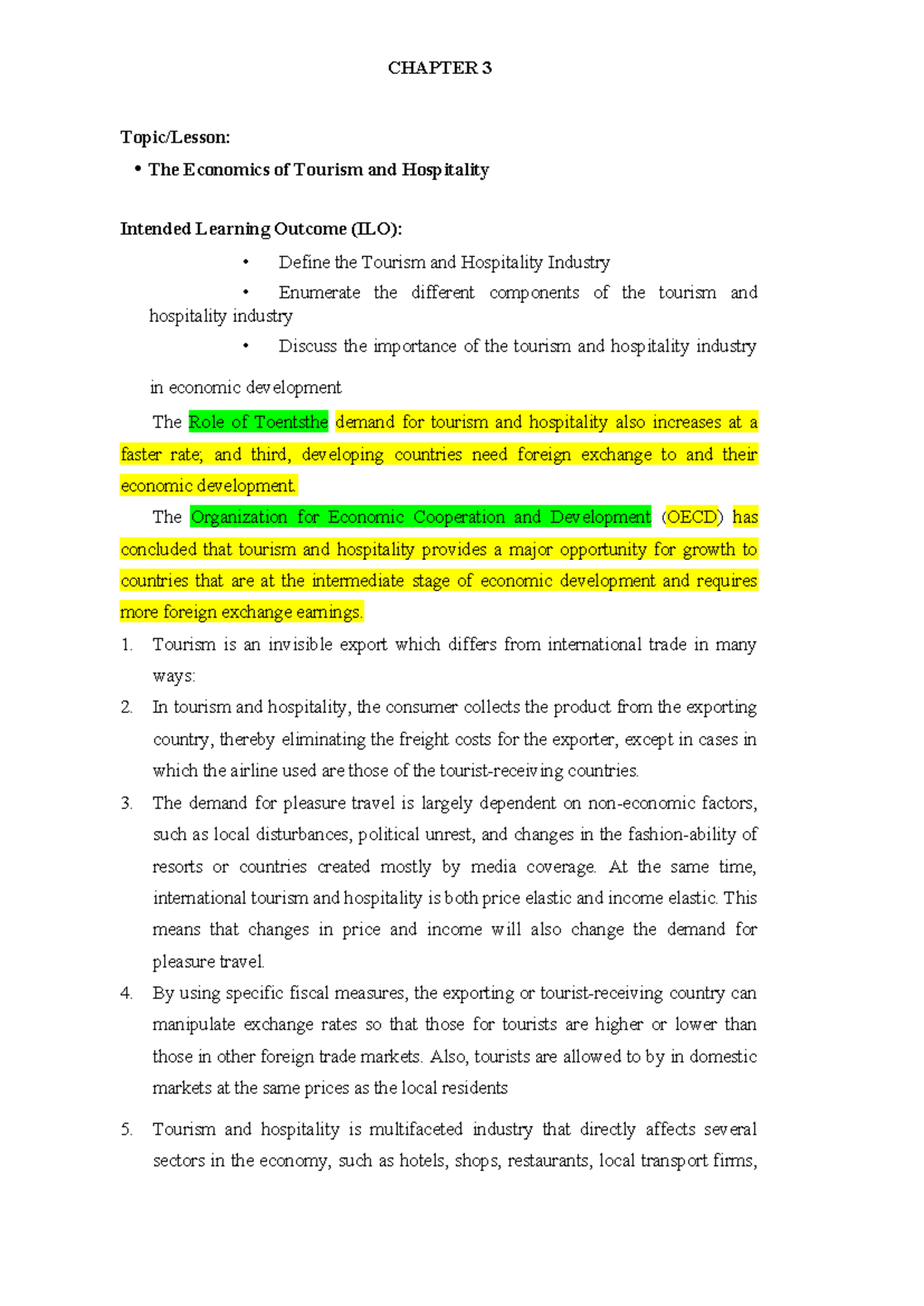 Chapter-3 review - CHAPTER 3 Topic/Lesson: - The Economics of Tourism ...