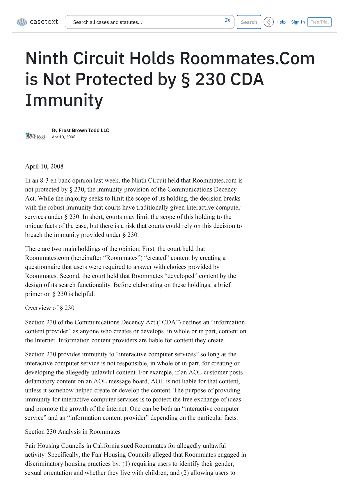 Ninth Circuit Holds Roommates.Com is Not Protected by § 230 CDA ...