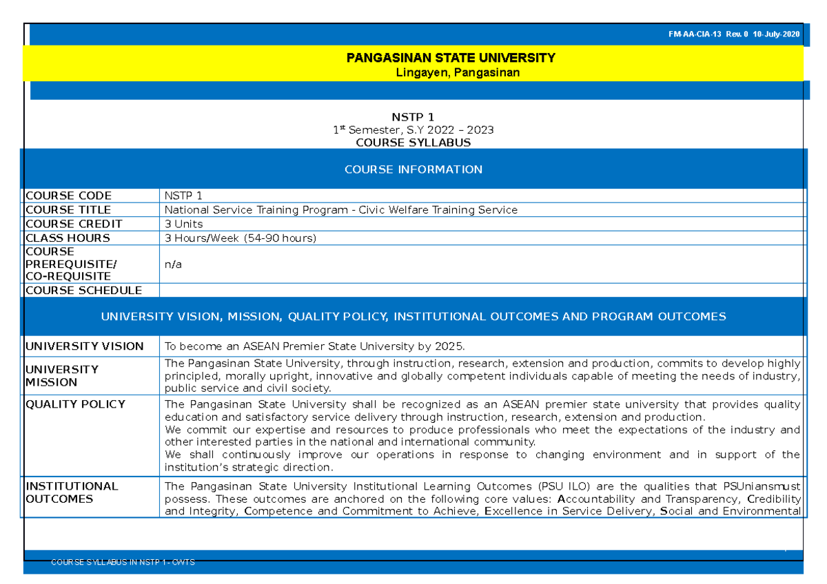 Syllabus-NSTP1- +```` NSTP 1 1 st Semester, S 2022 – 2023 COURSE ...