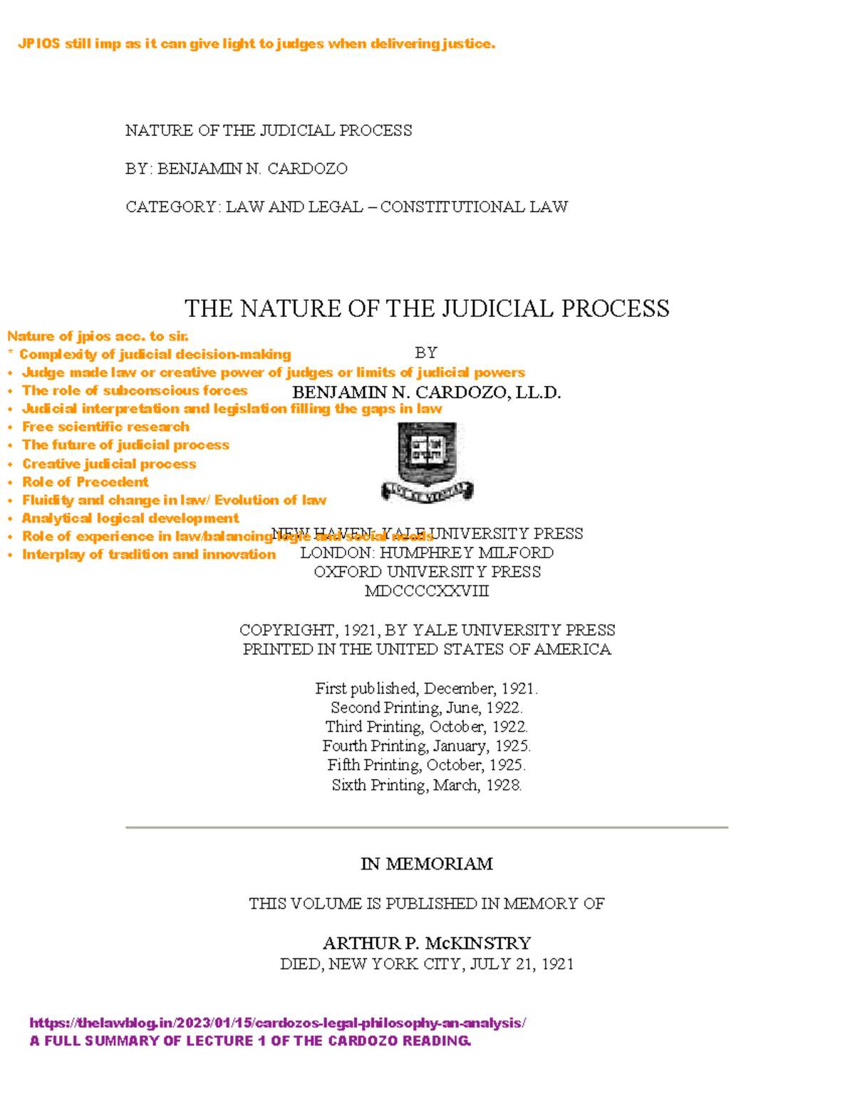 Benjamin-N - reading of Benjamin-N - NATURE OF THE JUDICIAL PROCESS BY ...