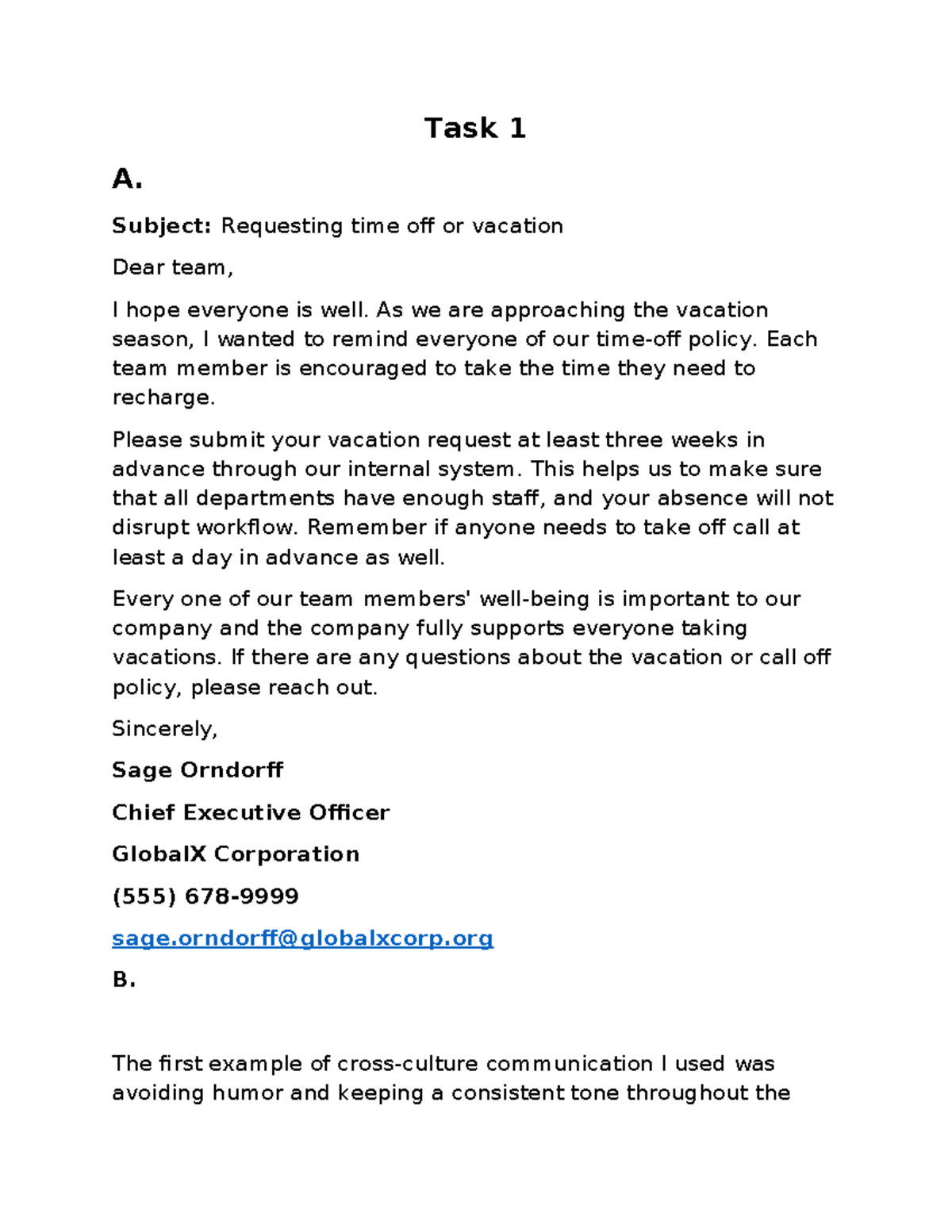Task 1 - Copy sage - 2 - Task 1 A. Subject: Requesting time off or ...