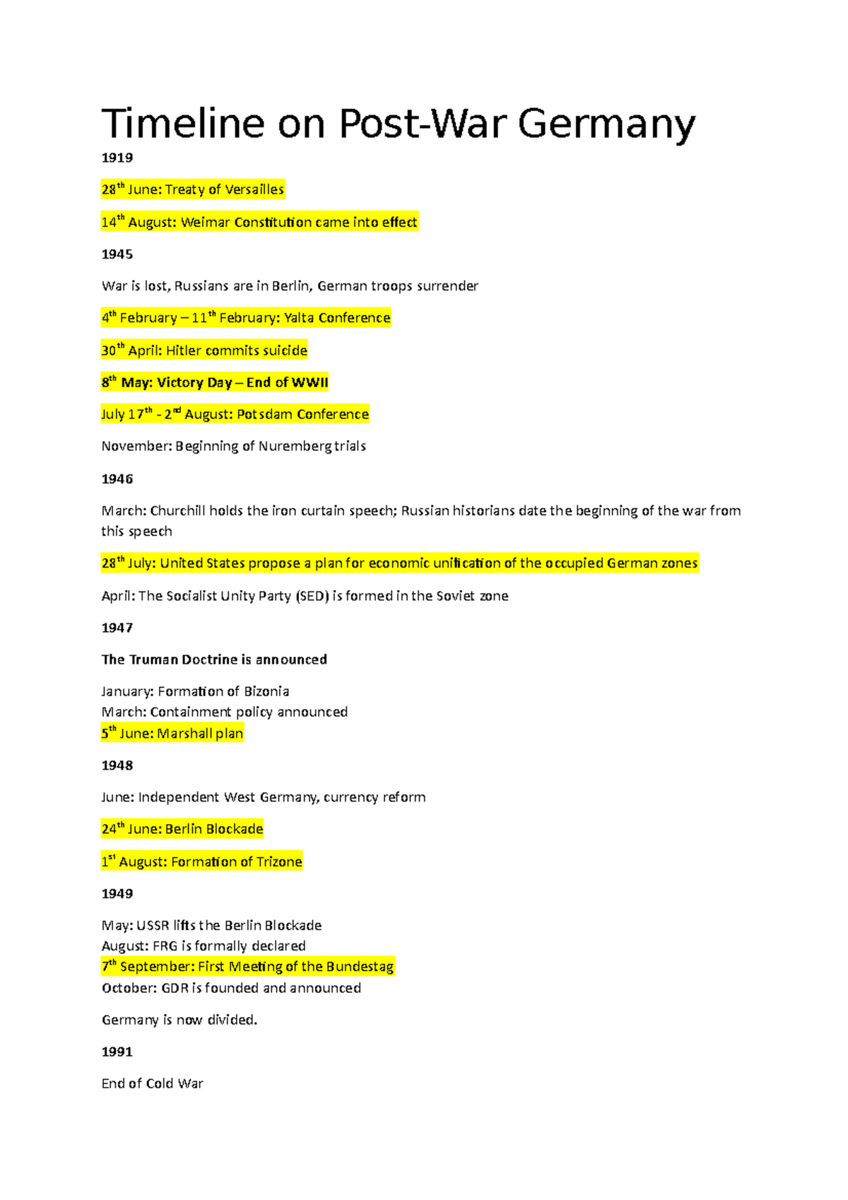 Timeline on Post War Germany - Timeline on Post-War Germany 1919 28 th ...