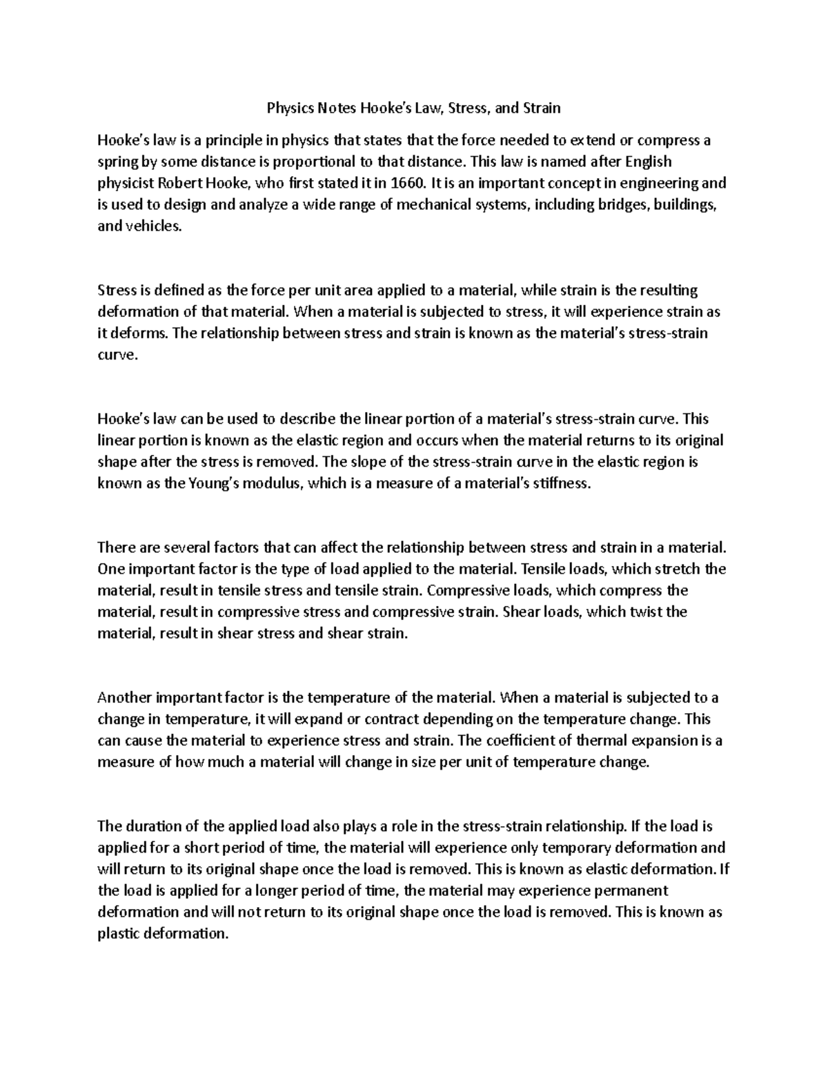 Physics Notes Hooke's Law Stress and Strain - Physics Notes Hooke’s Law ...