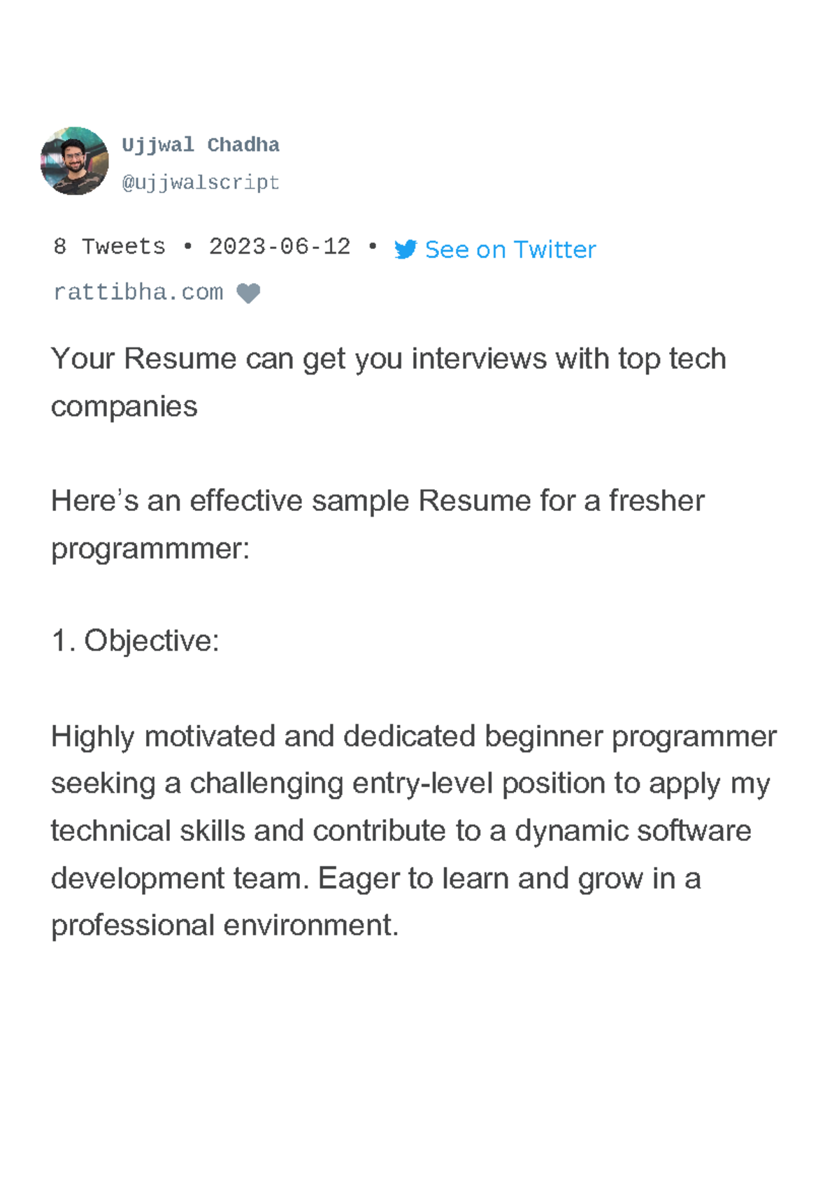 Your resume can get! - 8 Tweets • 2023-06-12 • See on Twitter rattibha Ujjwal Chadha - Studocu