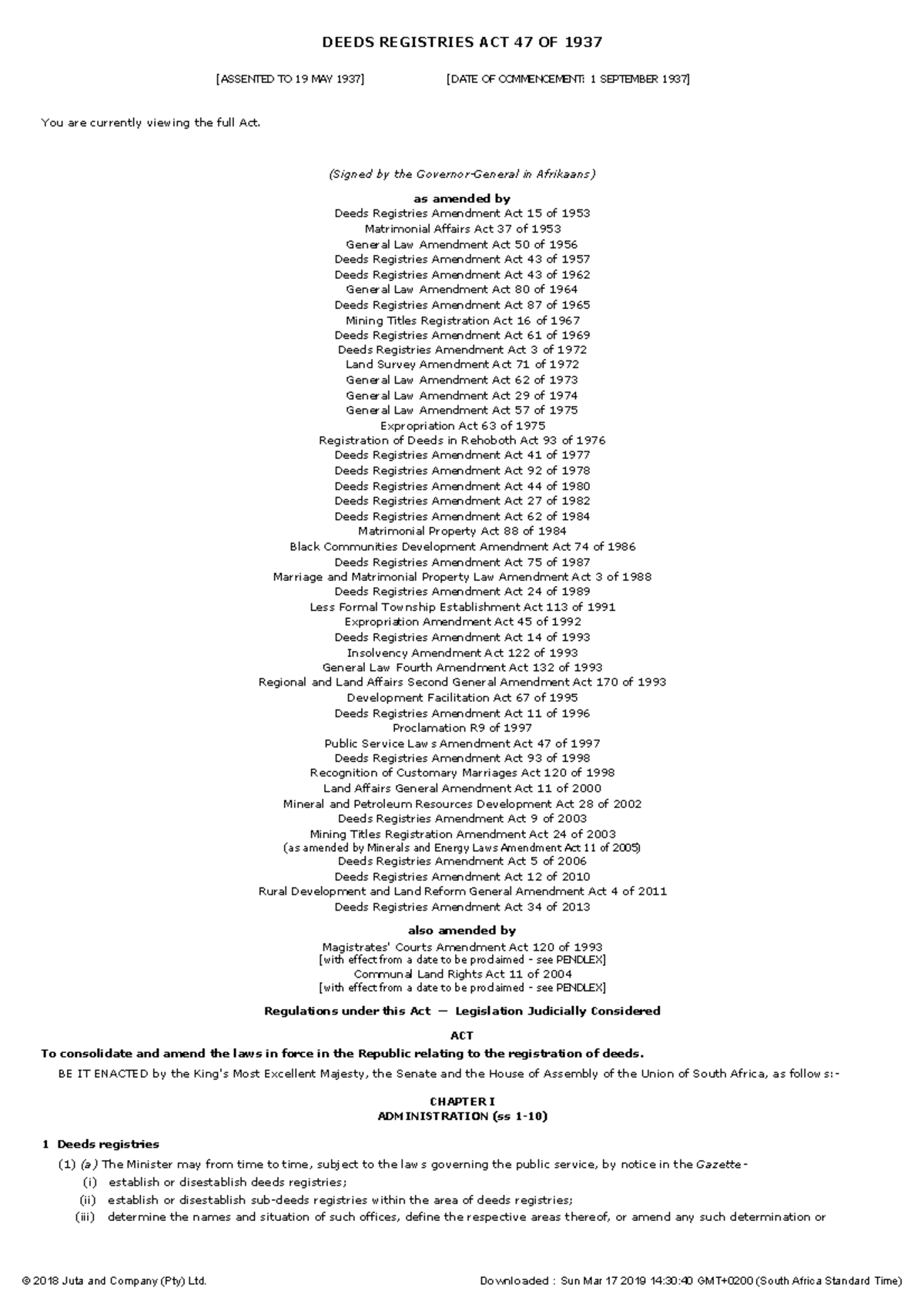 Deeds Registries ACT 47 OF 1937 - [ASSENTED TO 19 MAY 1937] [DATE OF COMMENCEMENT: 1 SEPTEMBER ...