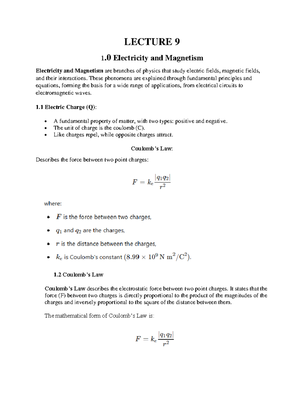 Electricity AND Magnetism-1 - LECTURE 9 1 .0 Electricity and Magnetism ...