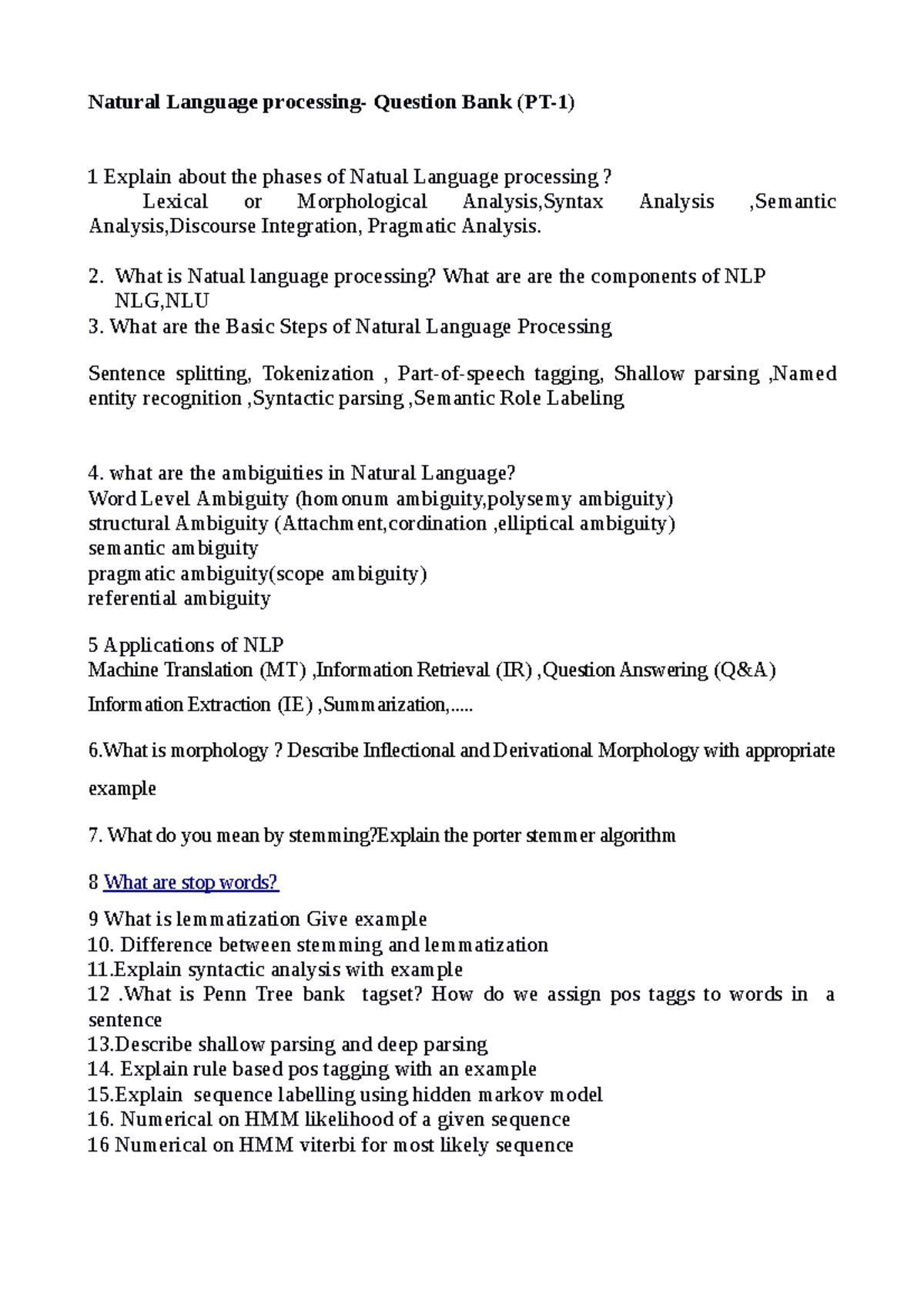 NLP PT-1 Question Bank - Natural Language processing- Question Bank (PT ...