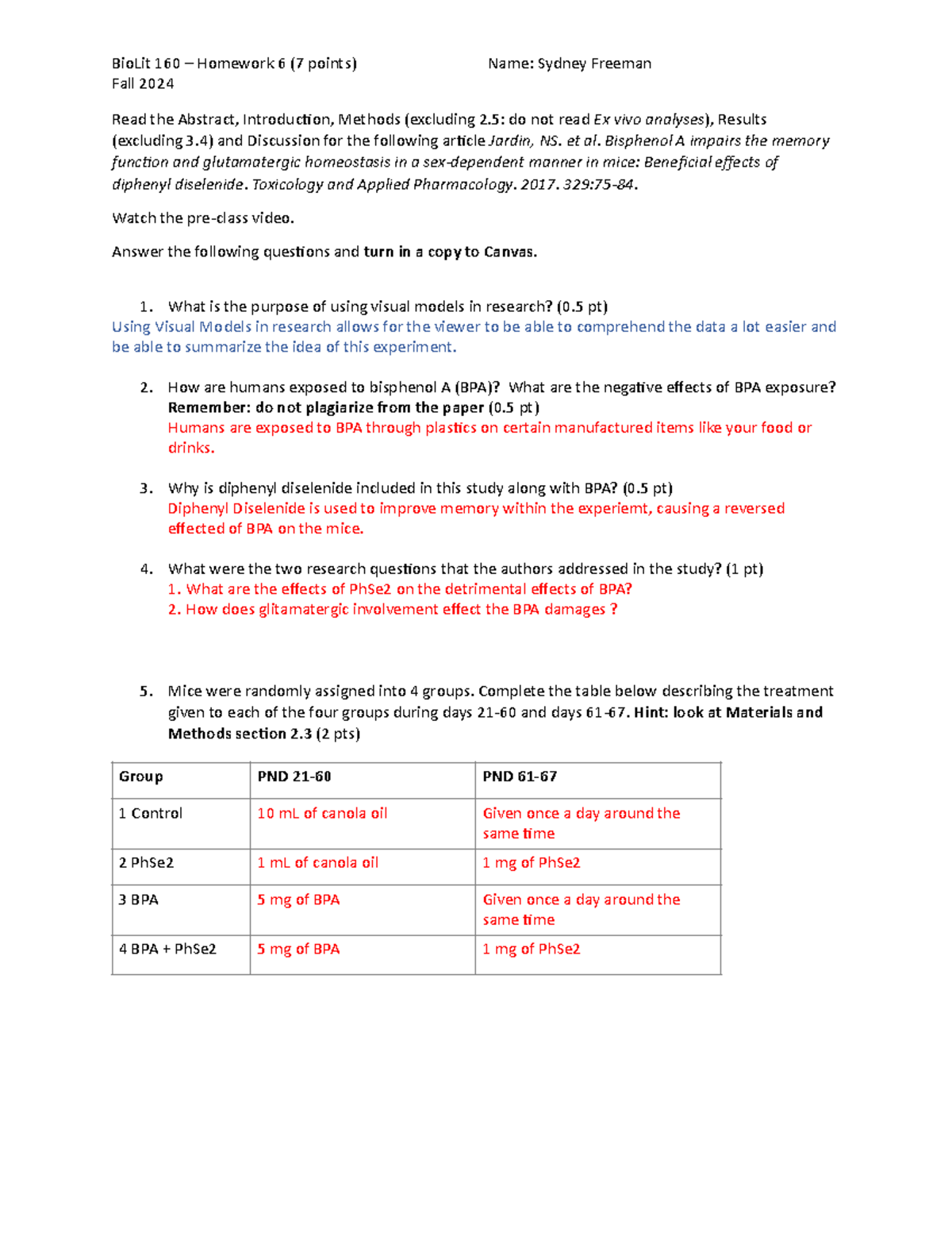 Bio Lit 160 - HW 6 - This is a pre-class homework assignment. - BioLit 160 – Homework 6 (7 ...