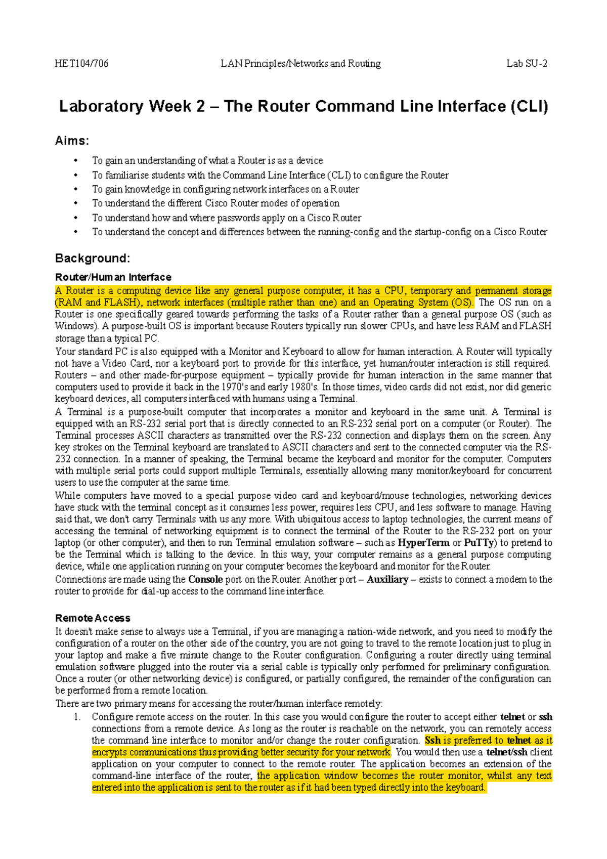 Lab SU-2 - Lab 2 - LAN and Routing Lab Laboratory Week 2 The Router ...