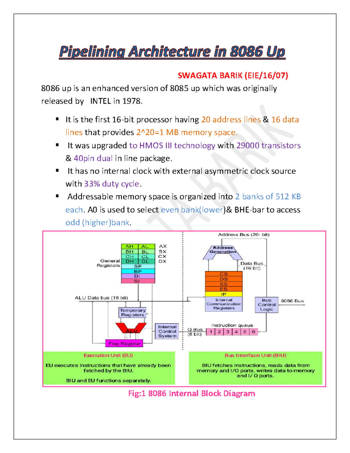 Pipelining architecture in 8086 up - SWAGATA BARIK (EIE/16/07) 8086 up ...