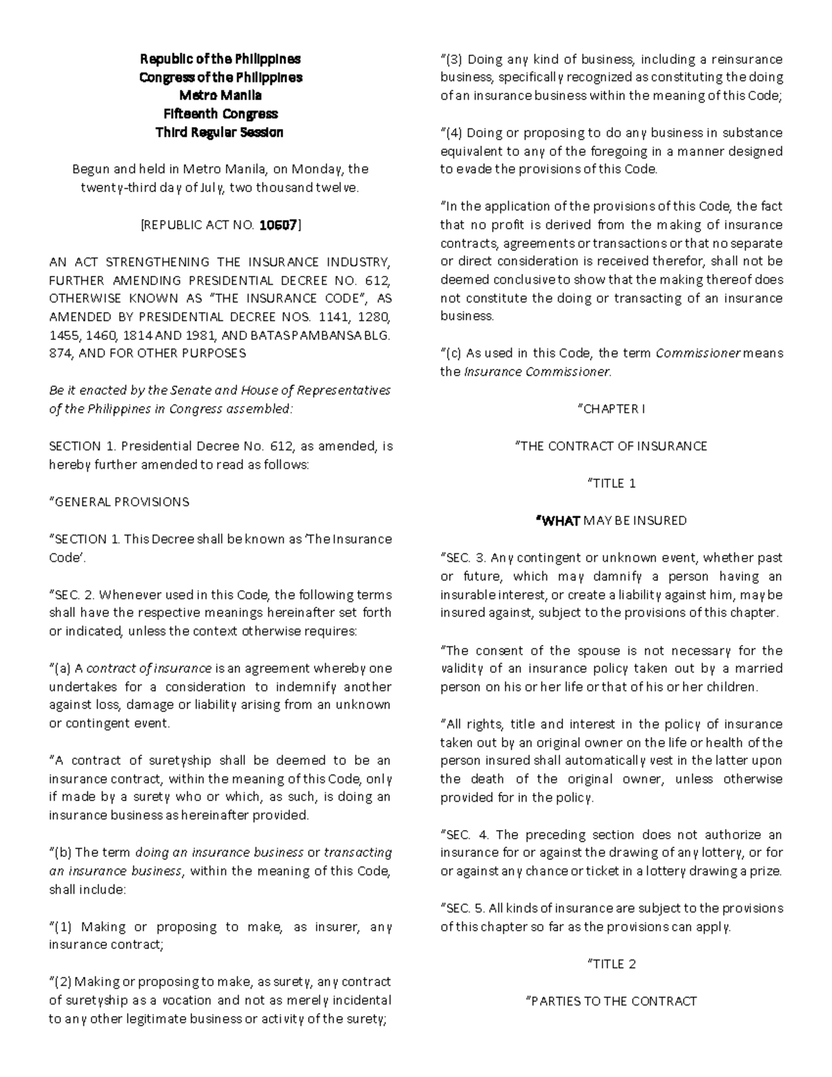 Insurance Law Provisions - Bachelor of law - BOL - MSU - StuDocu