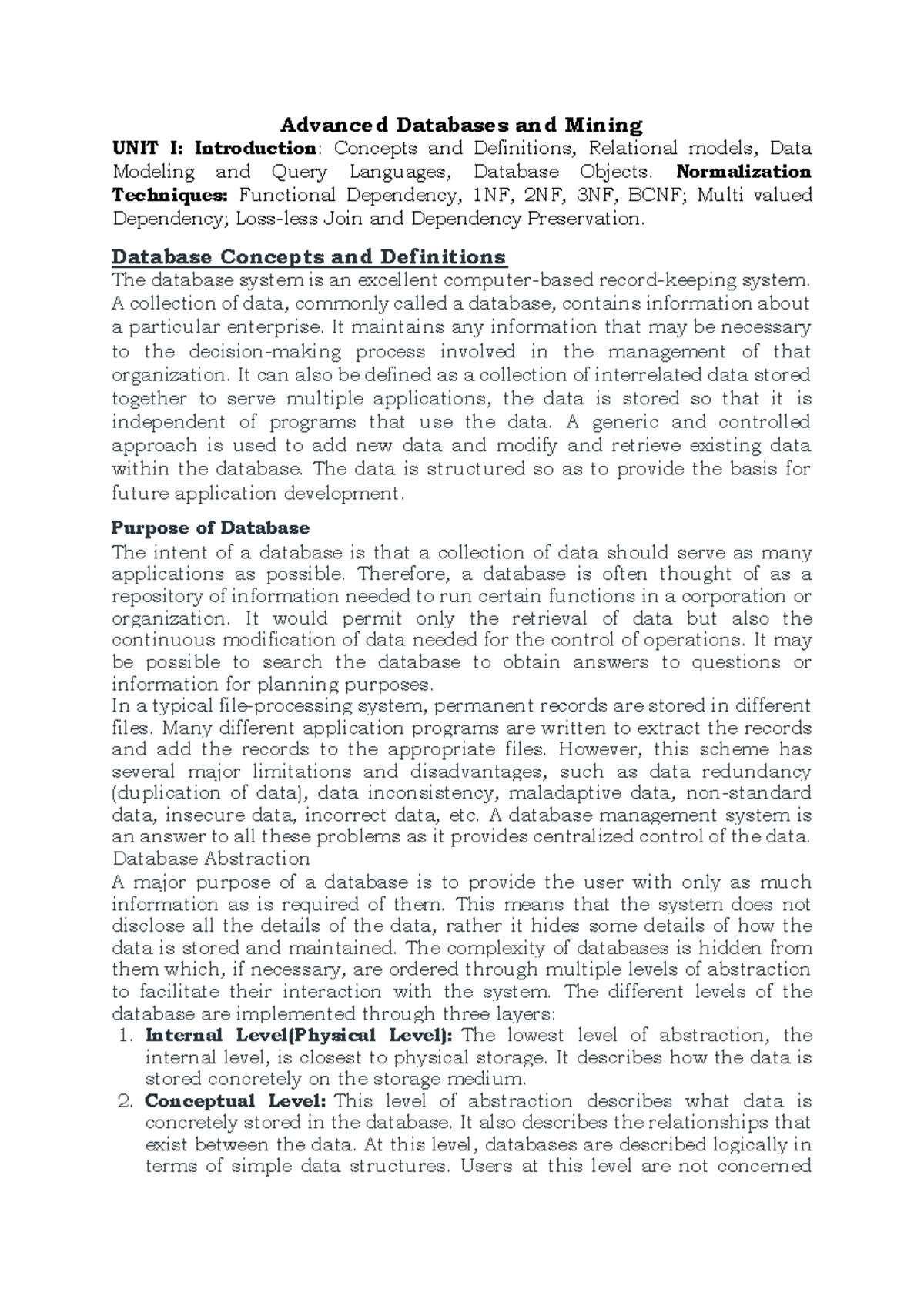 ADBM UNIT-1 - M.Tech - Advanced Databases and Mining UNIT I: Introduction: Concepts and ...