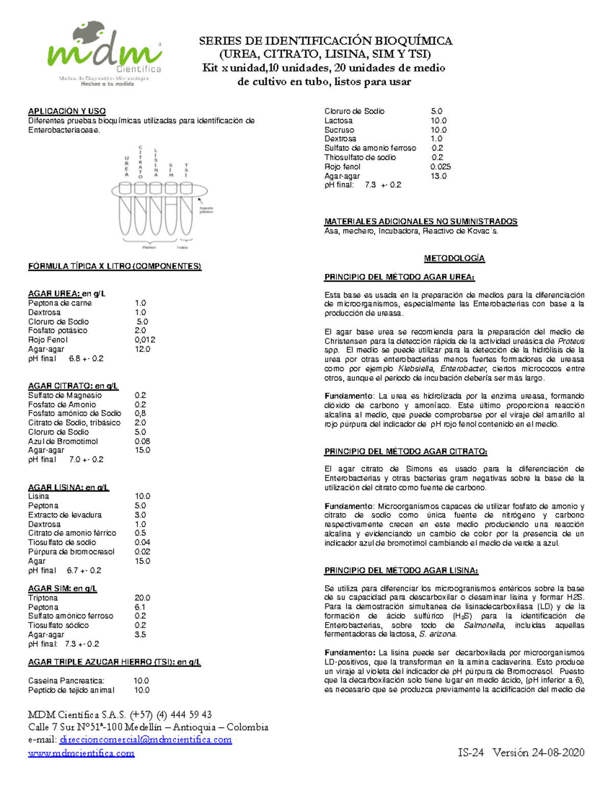 Agares y medios - (UREA, CITRATO, LISINA, SIM Y TSI) Kit x unidad,10 ...
