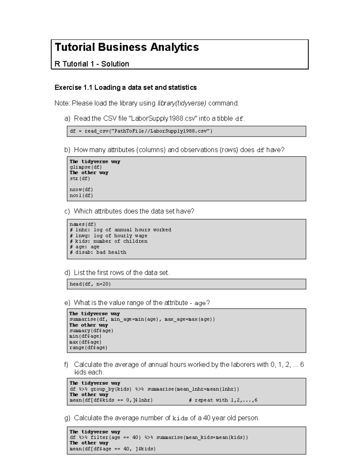 Exercise Sheet 1 Solution - Tutorial Business Analytics R Tutorial 1 ...