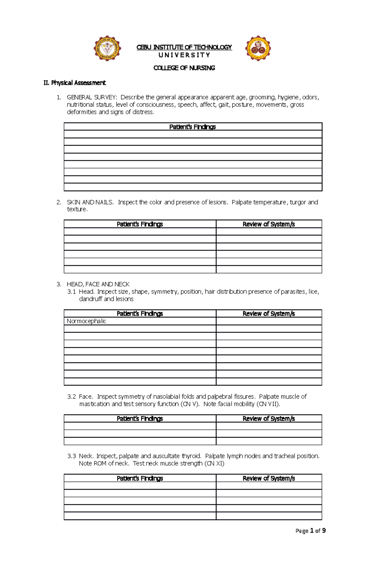 CITU- Cnahs- Health- Assessment - CEBU INSTITUTE OF TECHNOLOGY U N I V ...