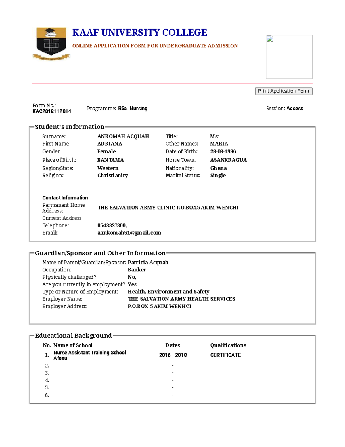 Adriana Admission Form Slip - KAAF UNIVERSITY COLLEGE ONLINE ...