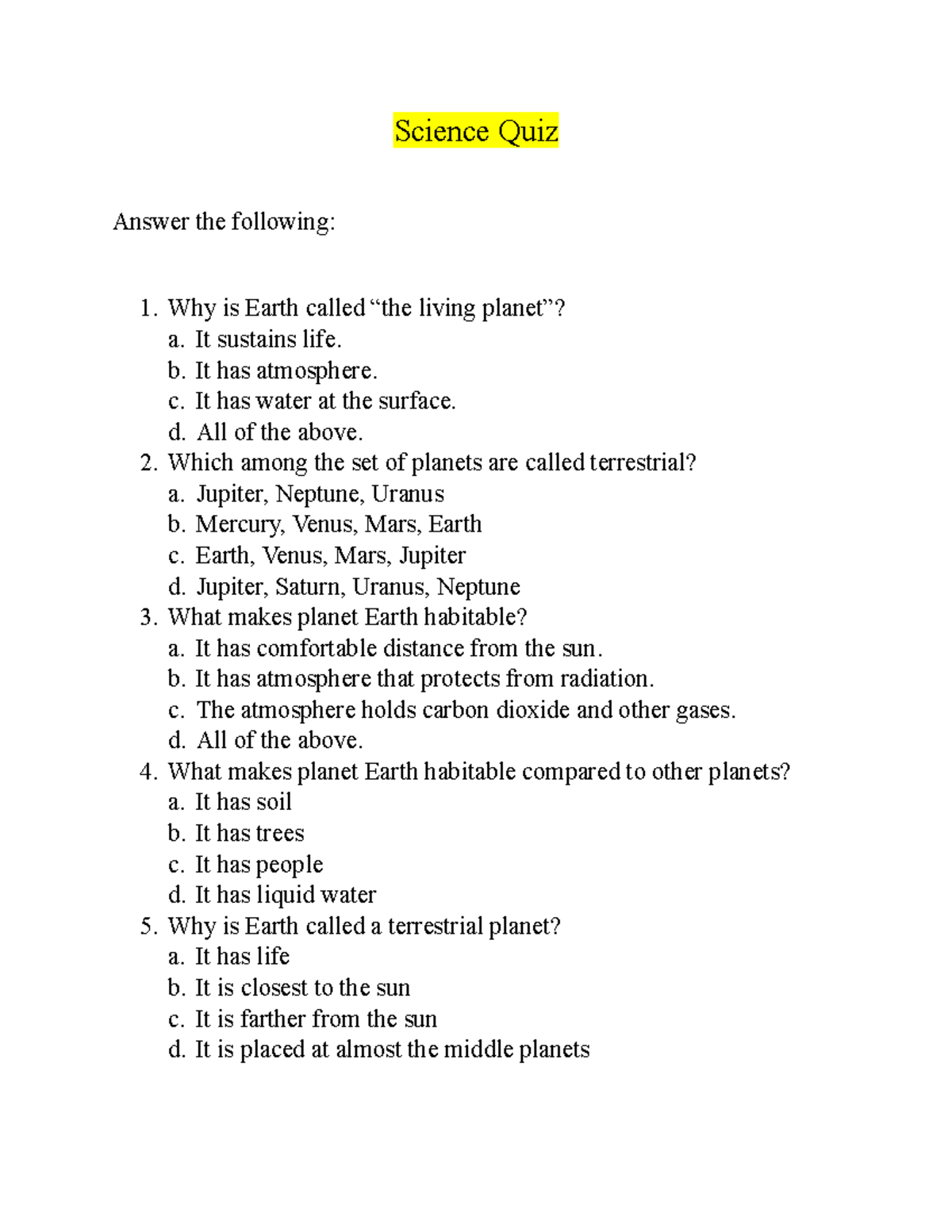 Science Quiz (Origin and Structure of the Earth) - Bachelor of Science ...