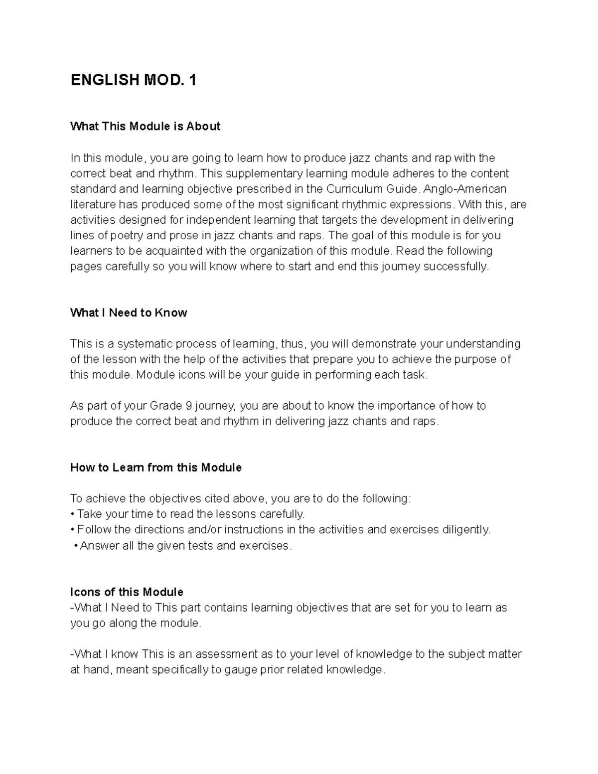 English MOD - Module 1 - ENGLISH MOD. 1 What This Module is About In ...