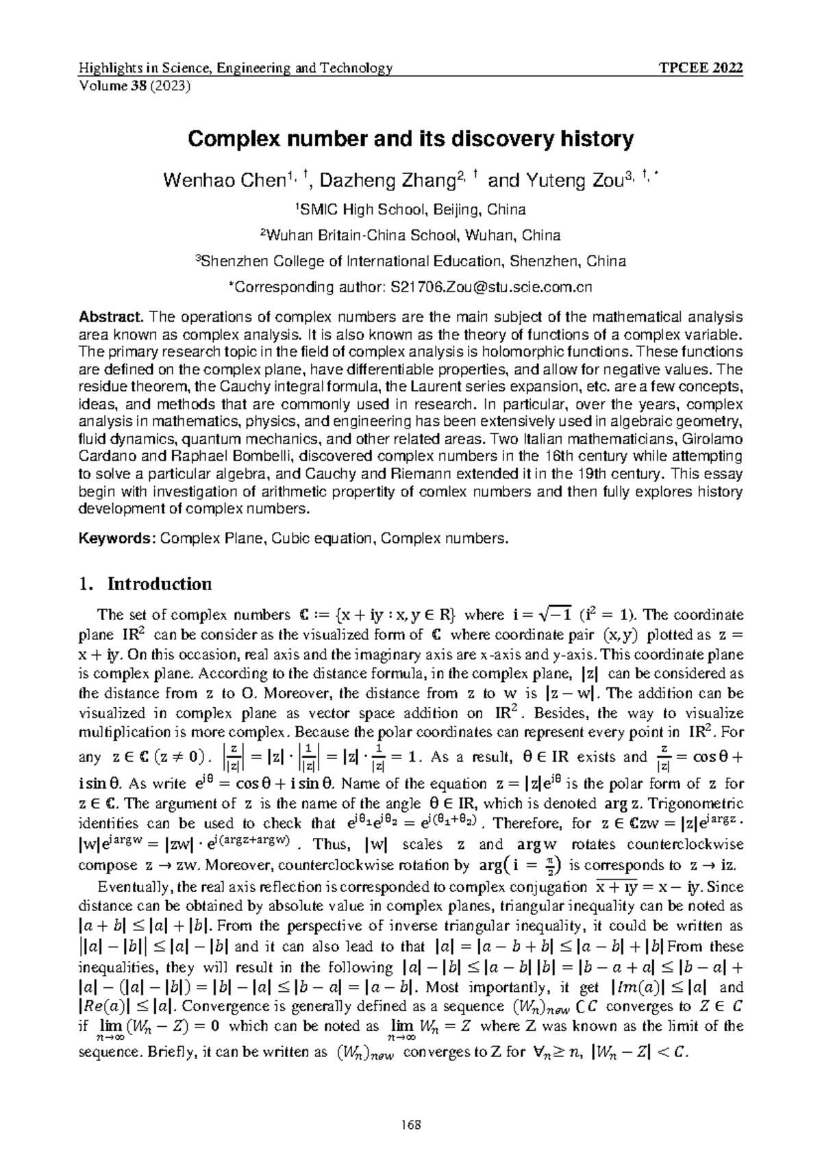 Complex number and its discovery history - Volume 38 (202 3 ) Complex number and its discovery ...