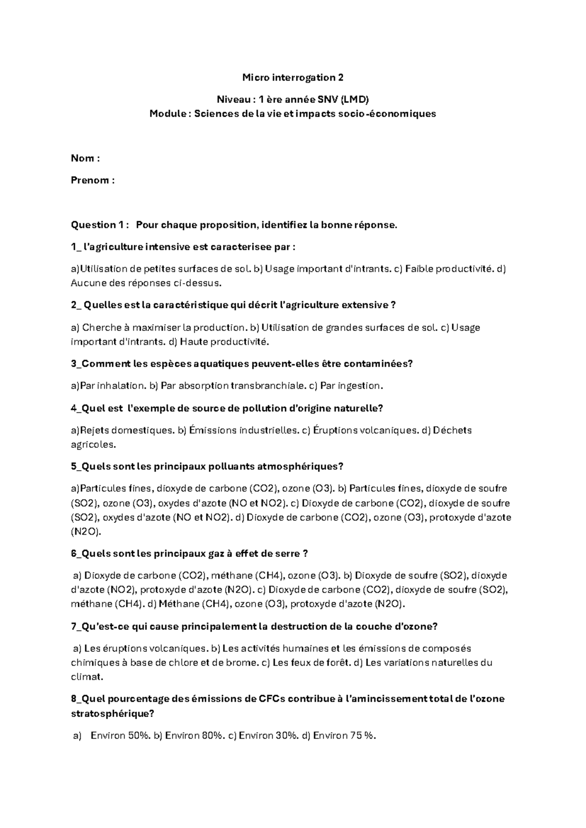 Micro interrogation 3VFF - Micro interrogation 2 Niveau : 1 ère année SNV (LMD) Module ...