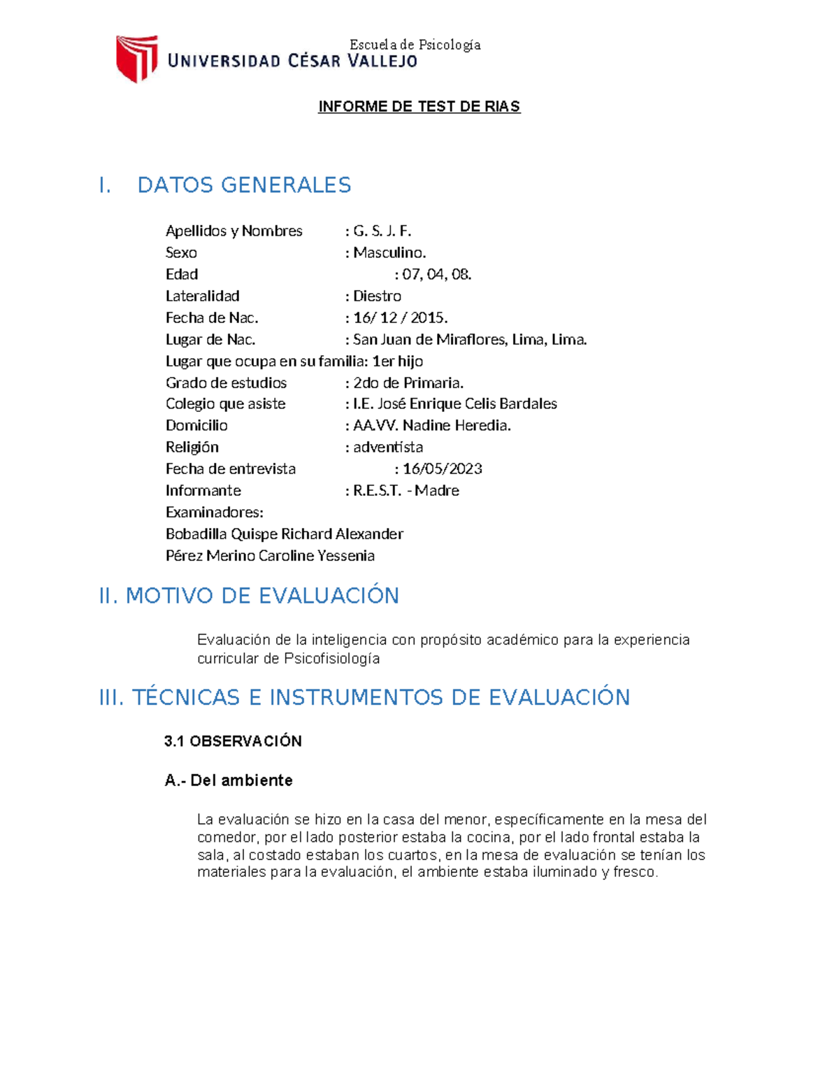 Informe DE TEST DE RIAS J.F - INFORME DE TEST DE RIAS I. DATOS ...