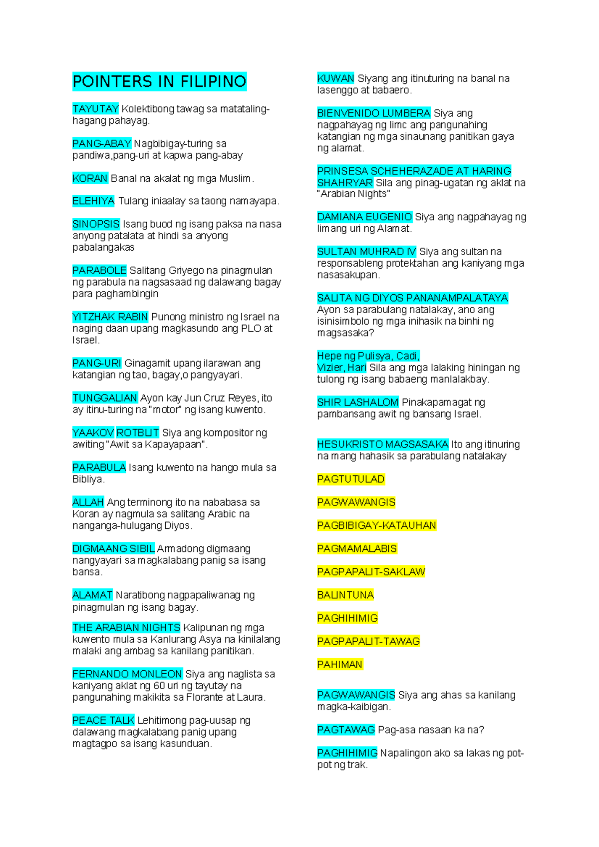 Pointers IN Filipino G9- Libra - POINTERS IN FILIPINO TAYUTAY Kolektibong tawag sa matataling ...