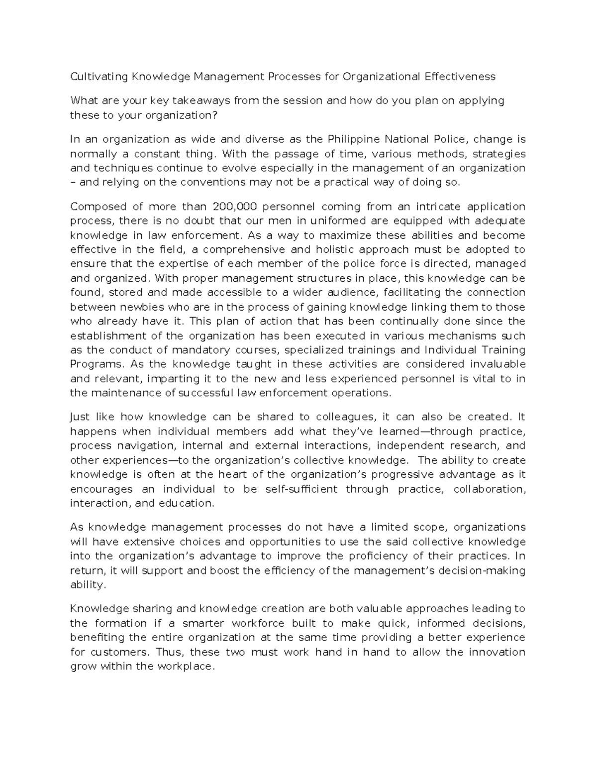 Assignment-1 - file - Cultivating Knowledge Management Processes for Organizational ...