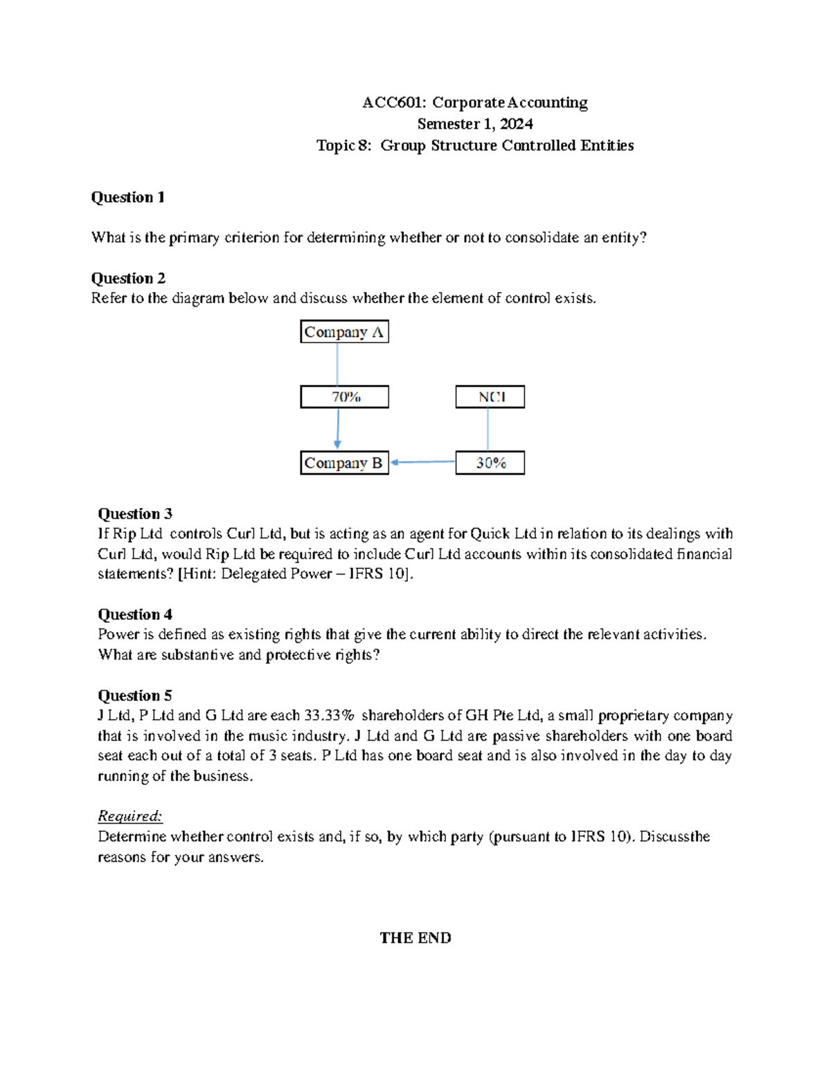Tuorial 8 - tutorial 8 questions - Question 1 ACC601: Corporate Accounting Semester 1, 2024 ...