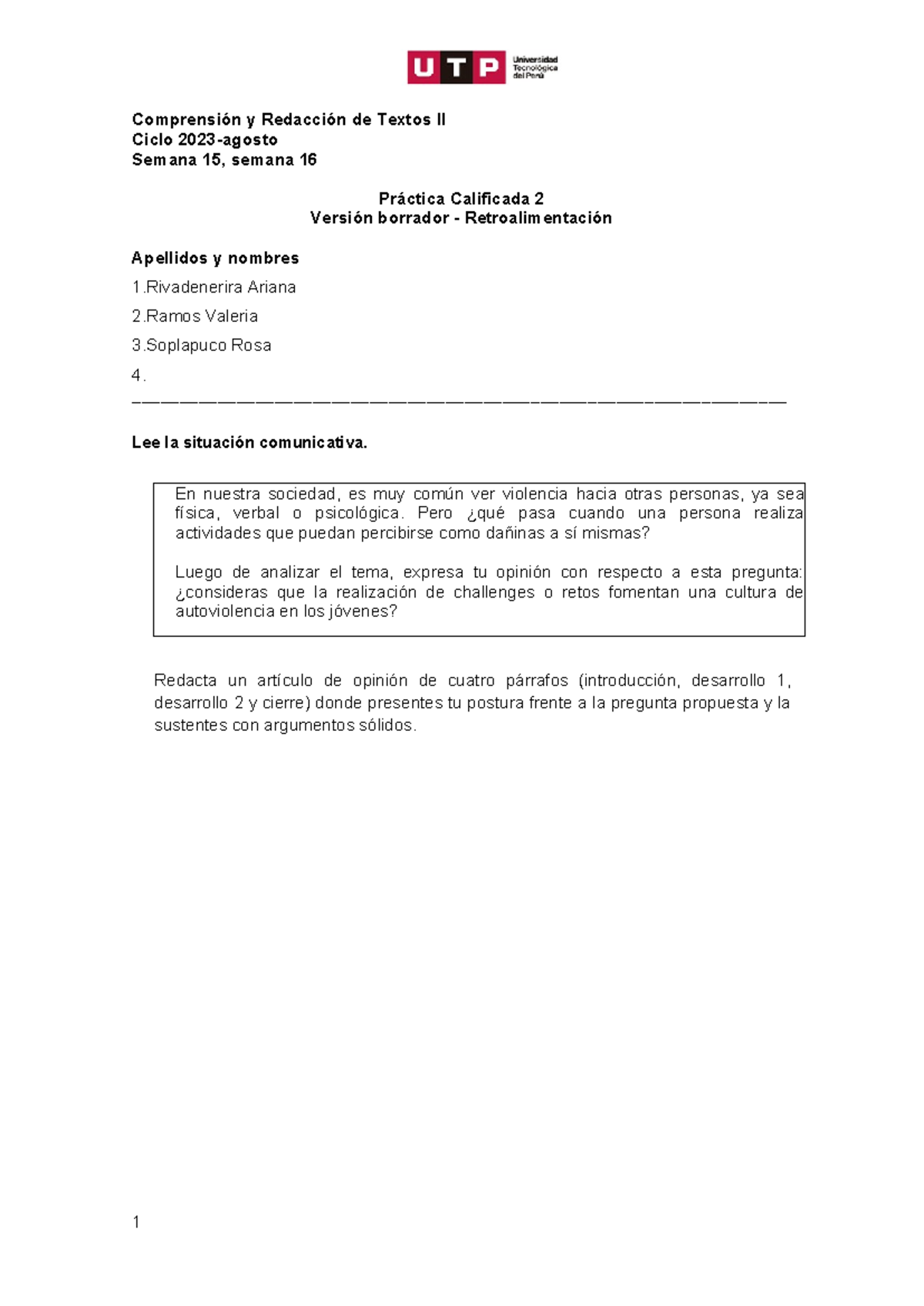 PC2 Redaccion - tarea - Comprensión y Redacción de Textos II Ciclo 2023-agosto Semana 15, semana ...