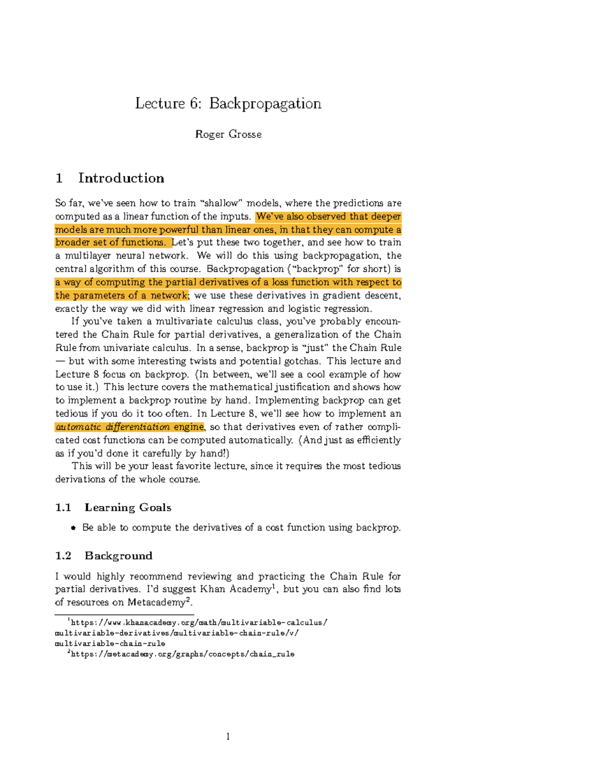L06 Backpropagation - Lecture 6: Backpropagation Roger Grosse 1 ...