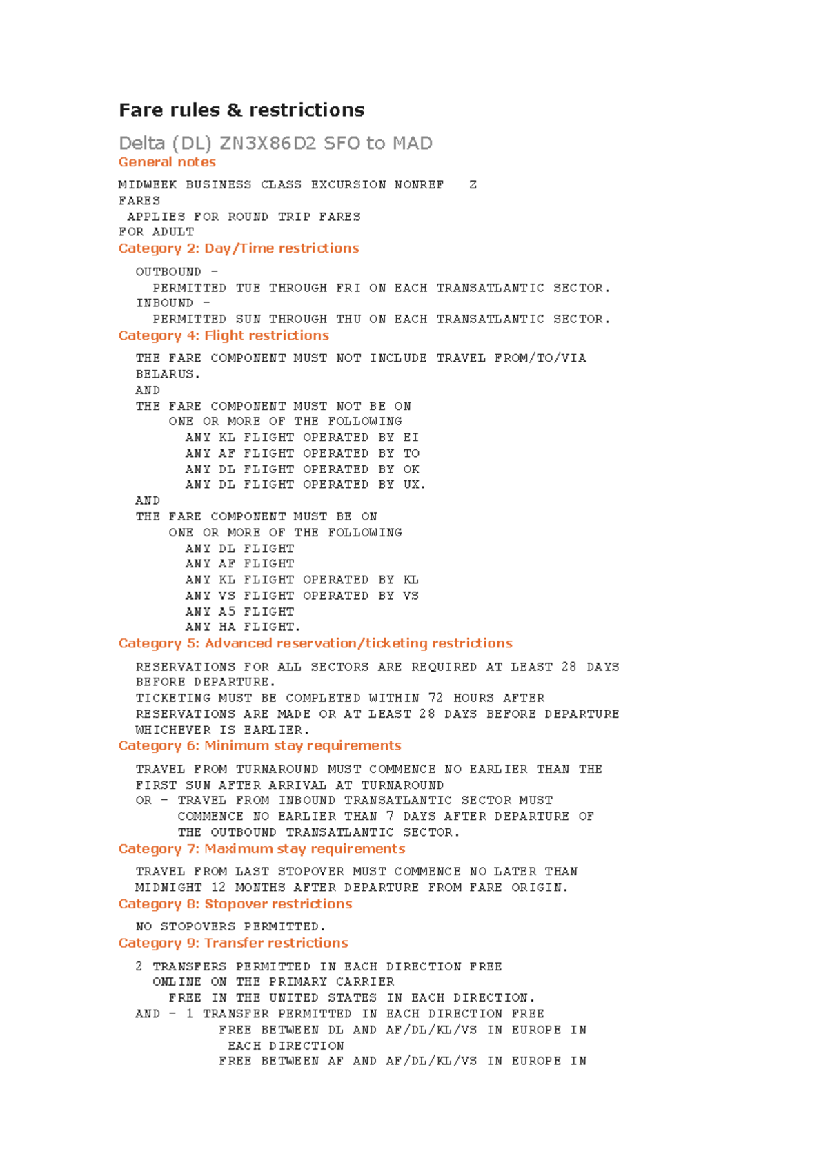 Fare-rules-1 - s\agfsad\s\ - Fare rules & restrictions Delta (DL) ZN3X86D2 SFO to MAD General ...