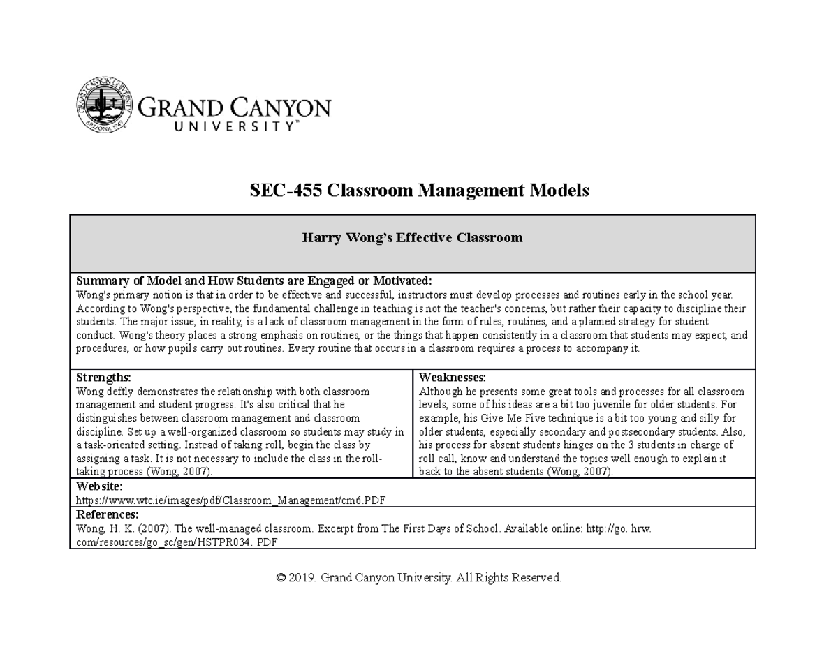 T1-Class Manage Models - SEC-455 Classroom Management Models Harry Wong ...