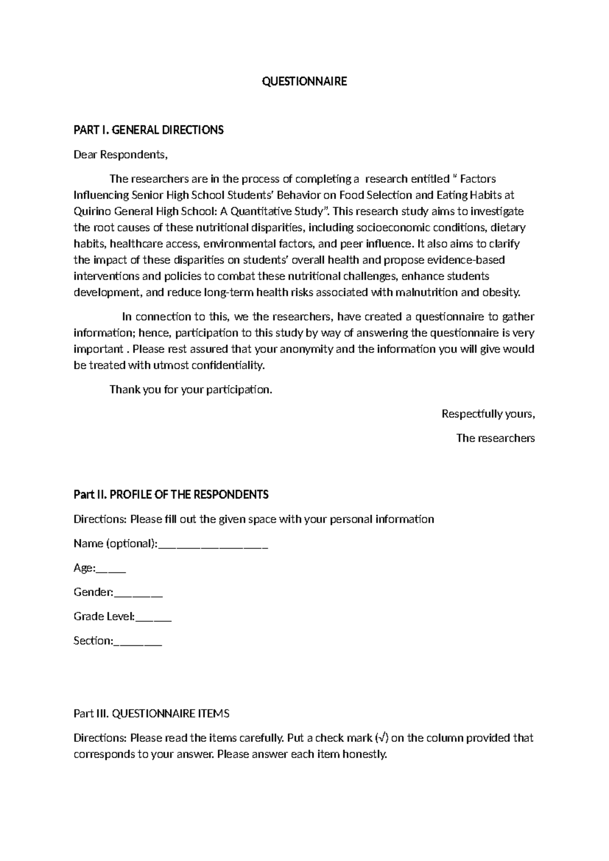 Questionnaire. Practical research - QUESTIONNAIRE PART I. GENERAL ...