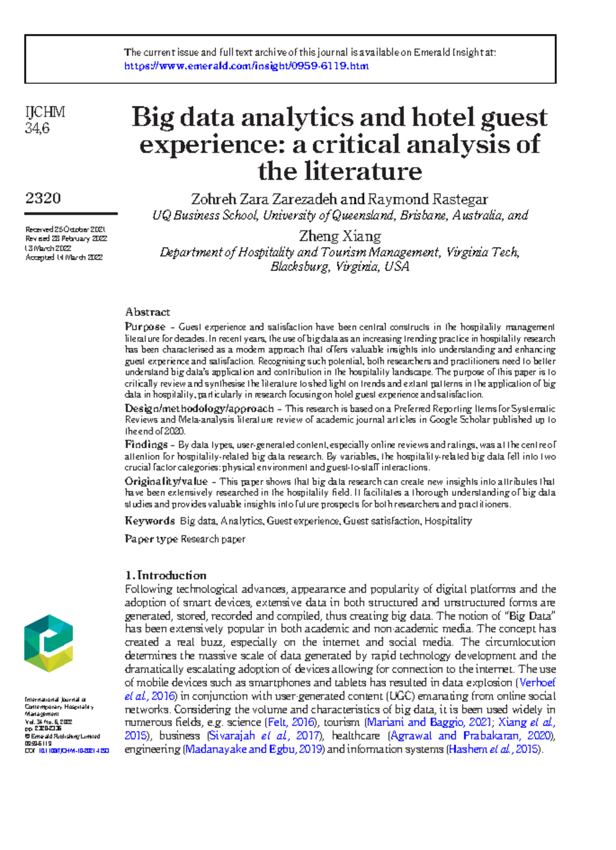 Big data analytics and hotel guest experience acritical analysis of the ...