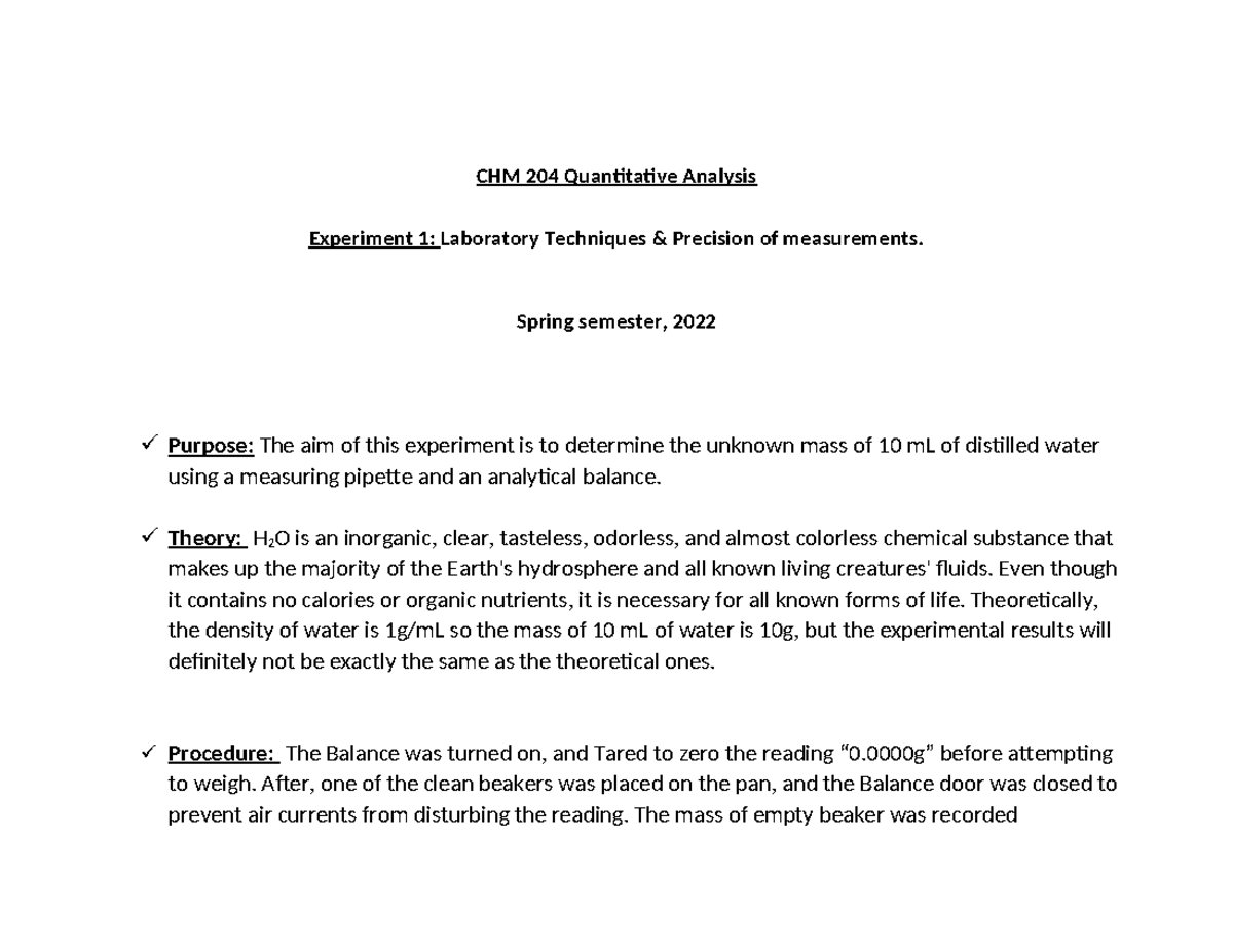 LAB 1 Report Quantitative - ####### CHM 204 Quantitative Analysis ...