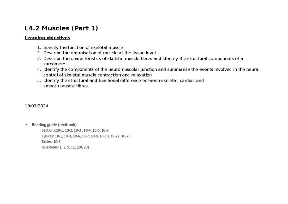 Muscles part 1 - L4 Muscles (Part 1) Learning objectives 1. Specify the ...