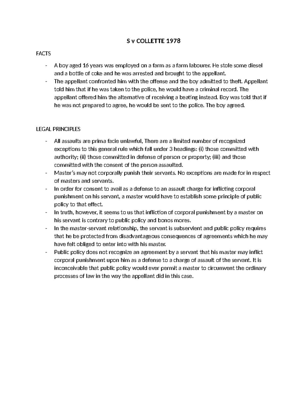 S v Collette case summary - S v COLLETTE 1978 FACTS - A boy aged 16 ...