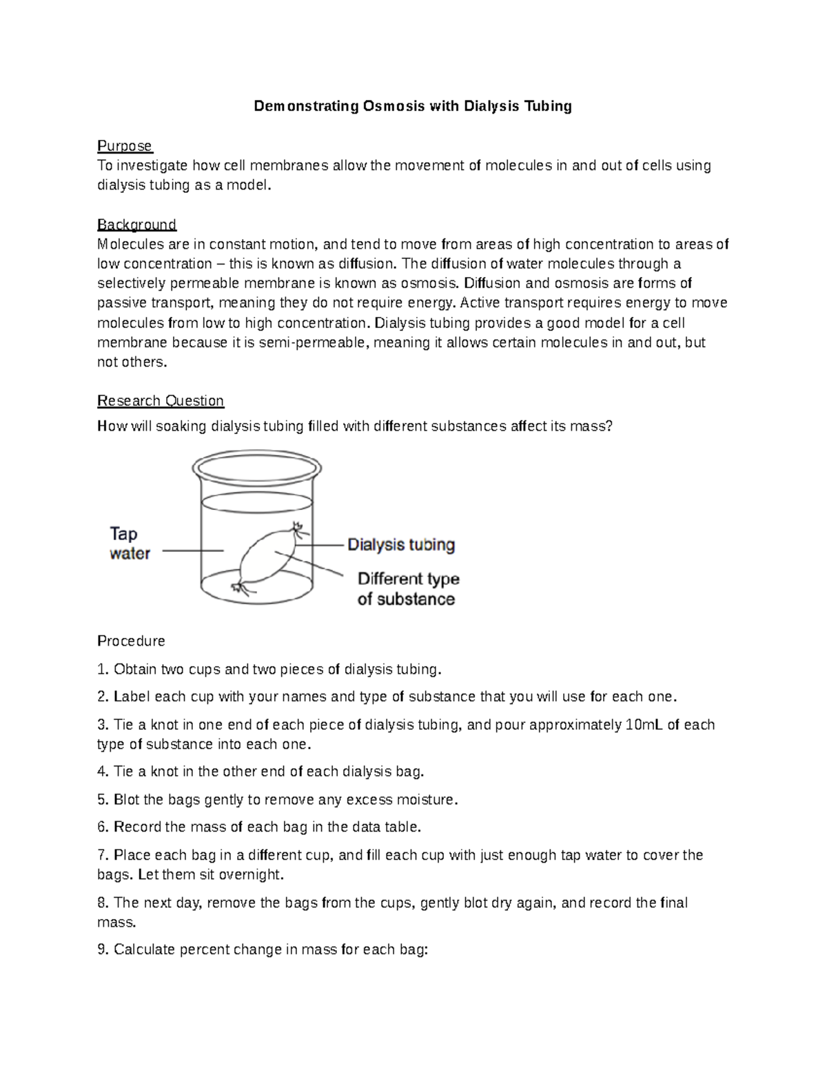 Copy of Dialysis Tubing Lab - Google Docs - Demonstrating Osmosis with ...