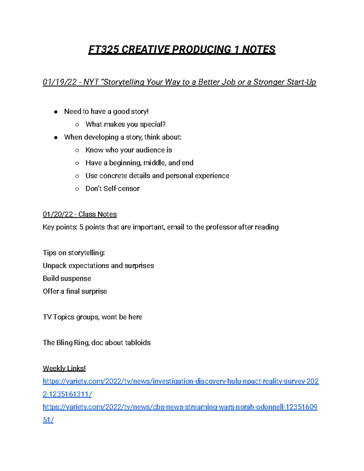 FT325 Creative Producing Notes - FT325 CREATIVE PRODUCING 1 NOTES 01/19 ...