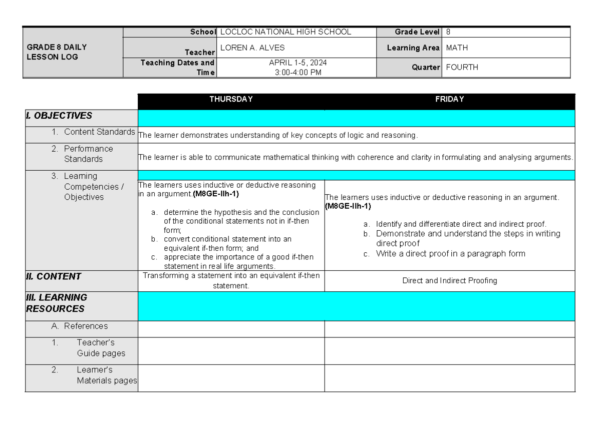 Math 8 week 2 - GRADE 8 DAILY LESSON LOG School LOCLOC NATIONAL HIGH ...
