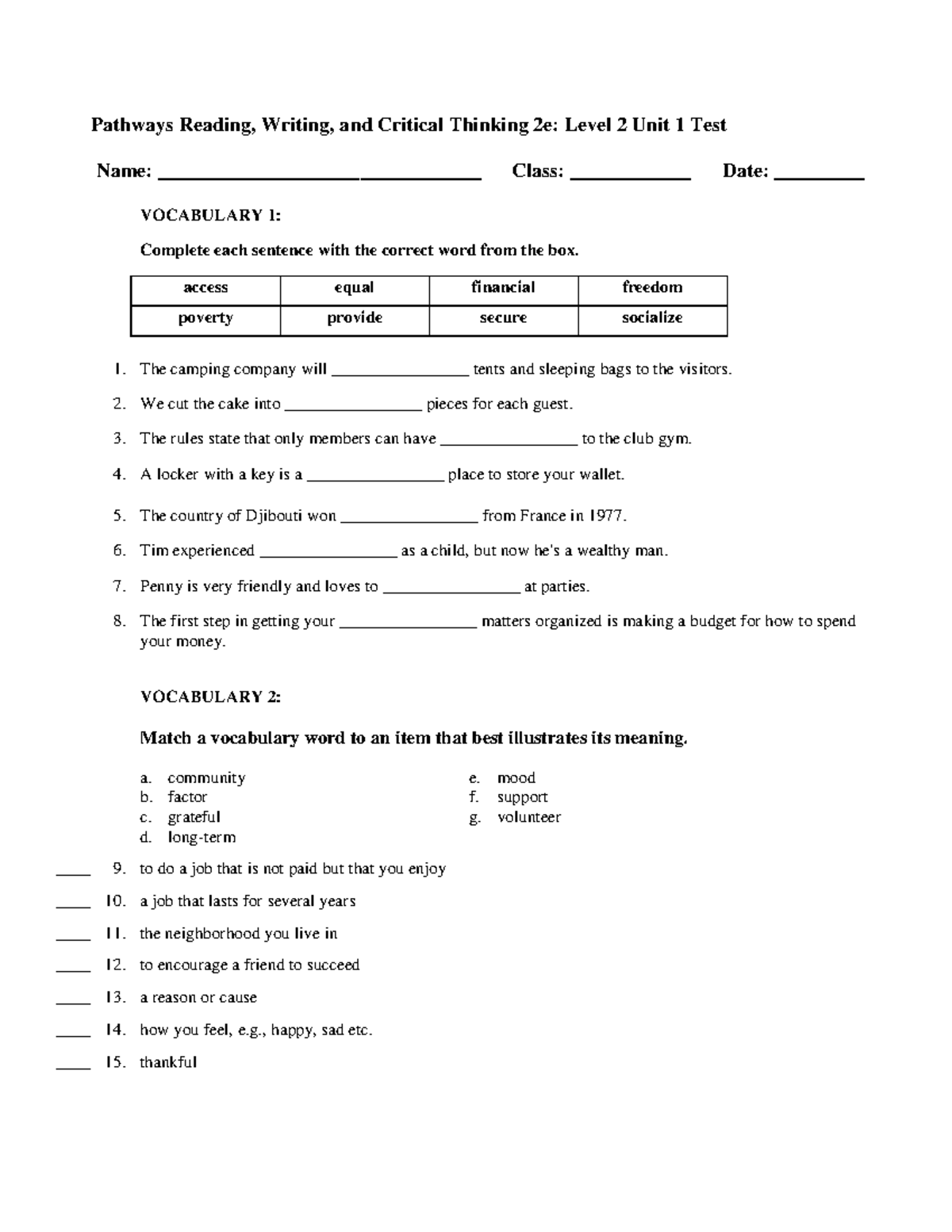 Unit Test 1 Student - bài tập - Pathways Reading, Writing, and Critical ...