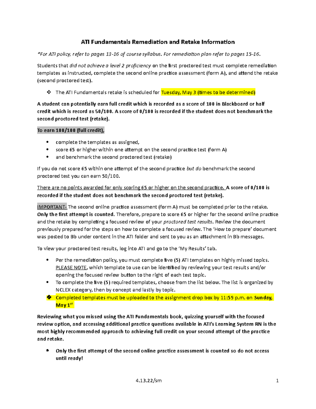 ATI Fundamentals Remediation and Retake Information Sp22 - ATI ...