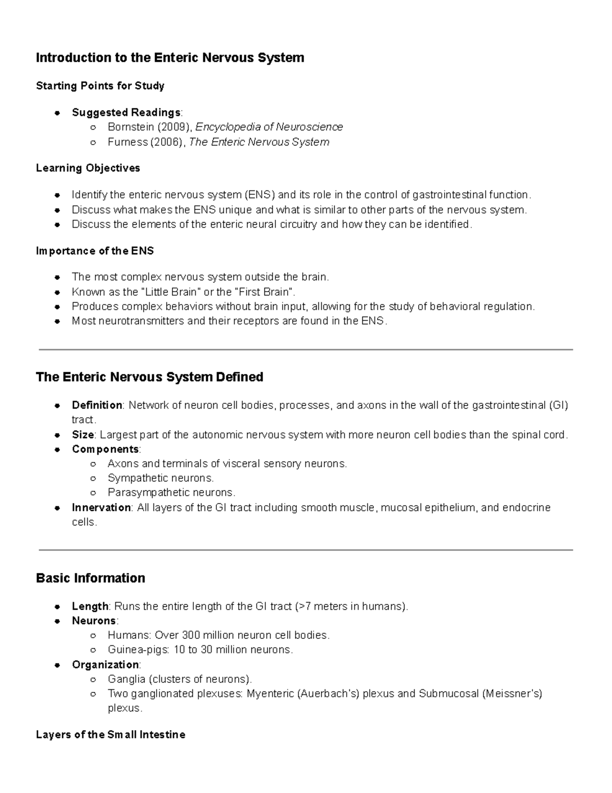 Introduction to enteric Nervous System (ENS) module notes ...